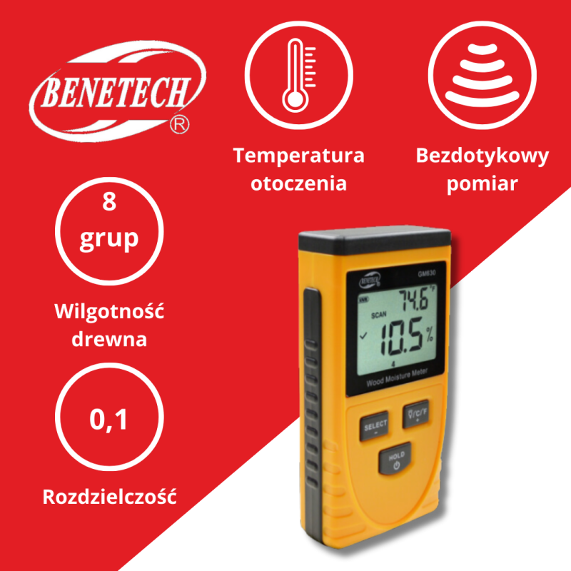 Indukcyjny wilgotnościomierz do drewna GM630 - benetech.eu